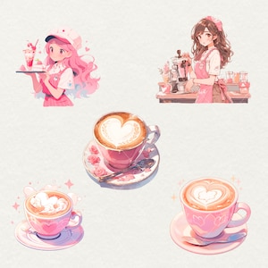 Pink Kawaii Coffee Shop Clipart, Cute Coffee Clipart Graphics 26 PNG ...