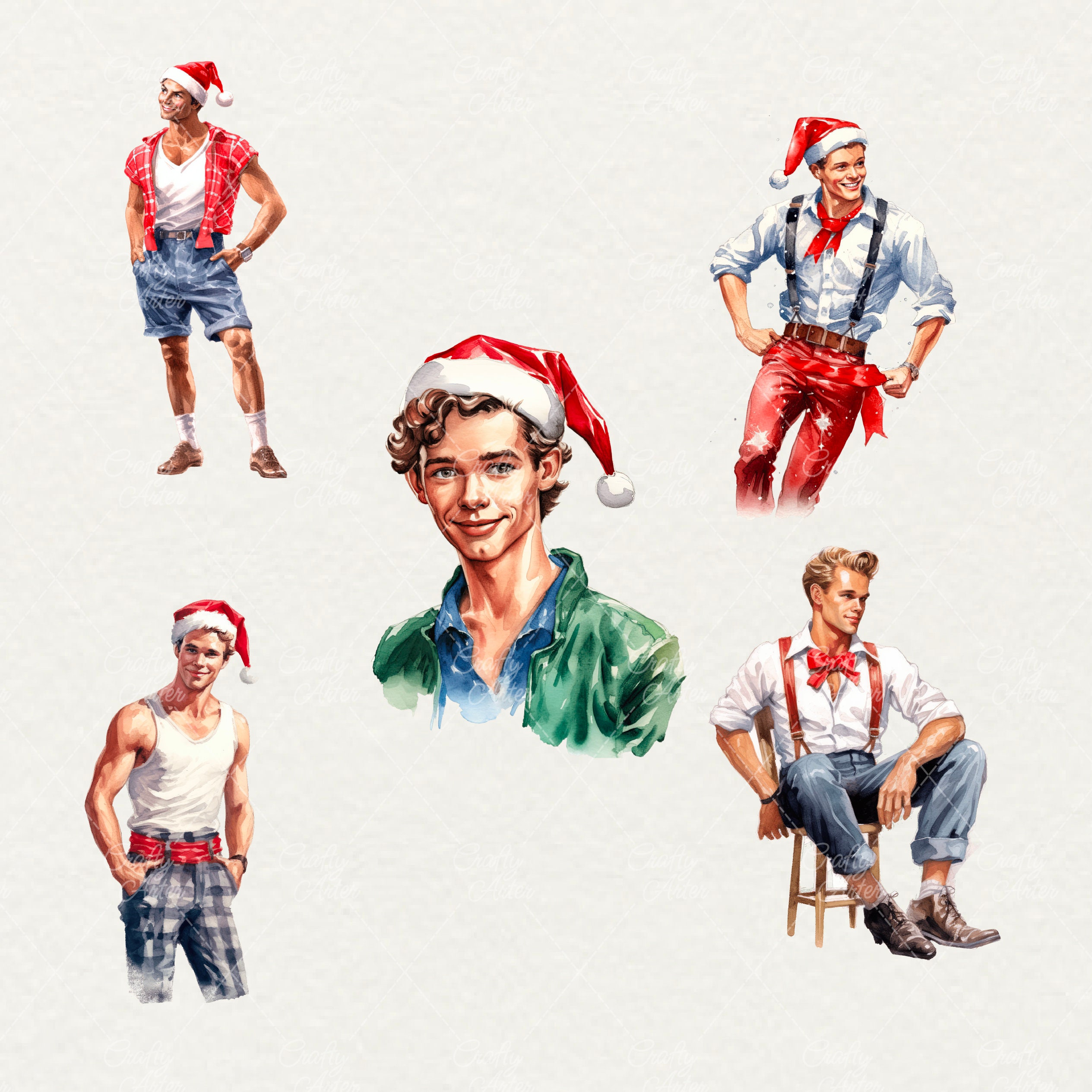Retro Christmas Boys Clipart: Watercolor Holiday Men, 17 PNG ...