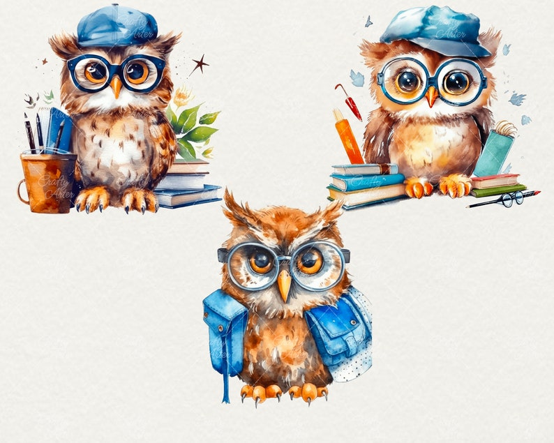 Watercolor School Owl Clipart Back to School Clipart - Etsy