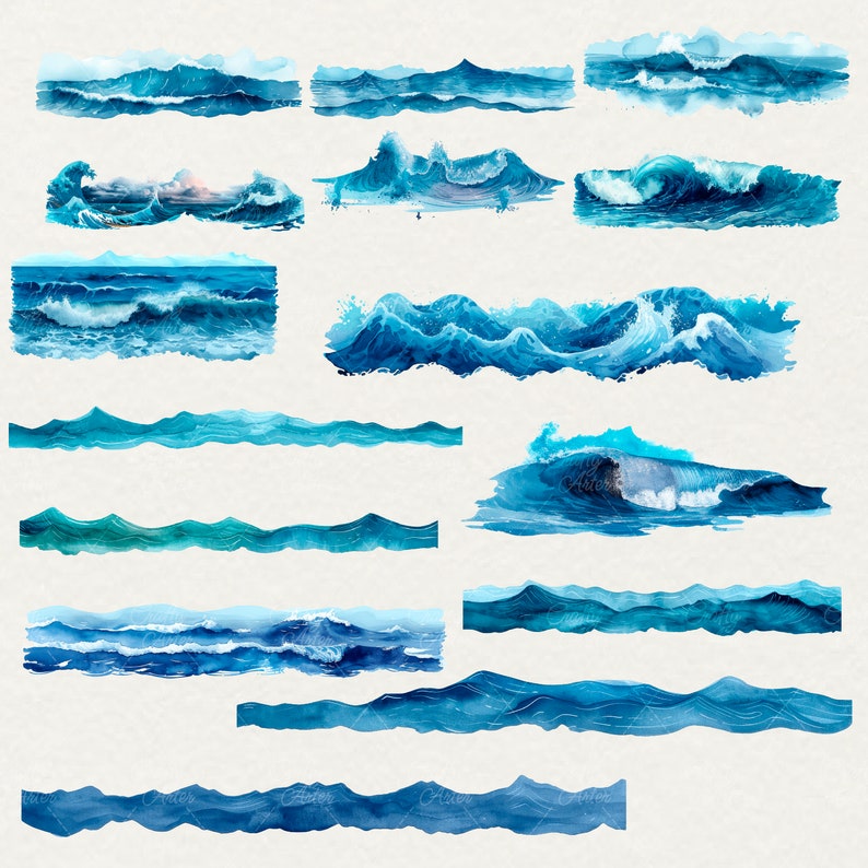 Watercolor Ocean Wave Borders Clipart: 87 PNG Nautical Illustrations ...