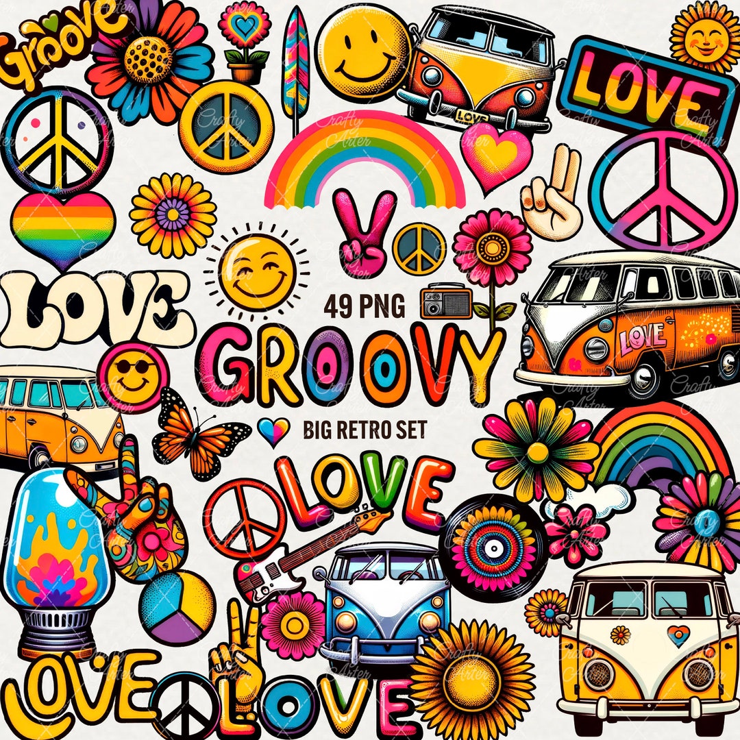 Retro Hippie Clipart: 49 Groovy PNG Images (digital Download) - Etsy