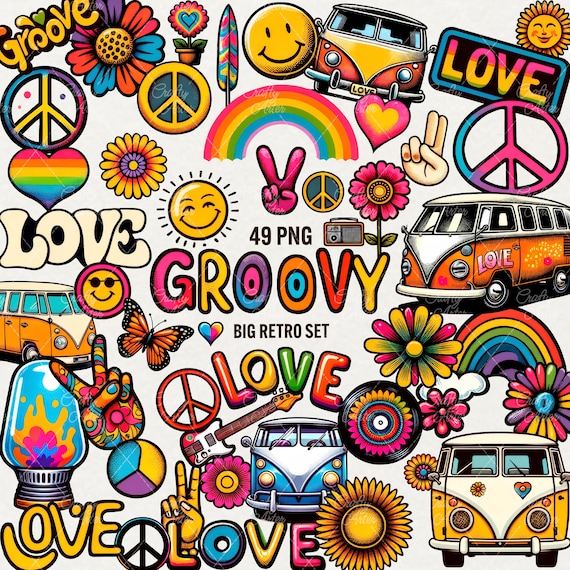 Hippy Clipart Groovy Hippie Clipart, Retro 70s Hippy Bus Clip Art,