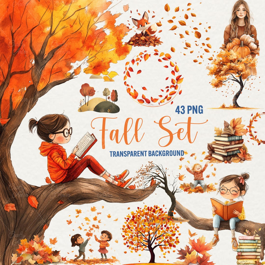 Watercolor Autumn Clipart: Fall Leaves, Trees, Kids (43 PNG) - Etsy