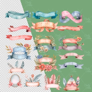 Watercolor Ribbon Labels Clipart, 54 Png Boho Banners, Pastel Bow ...