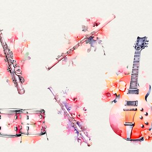 Watercolor Musical Instruments Clipart, Floral Music Clip Art, Pink ...