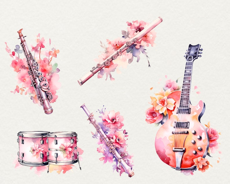 Watercolor Floral Musical Instruments Clipart (28 PNG) - Etsy