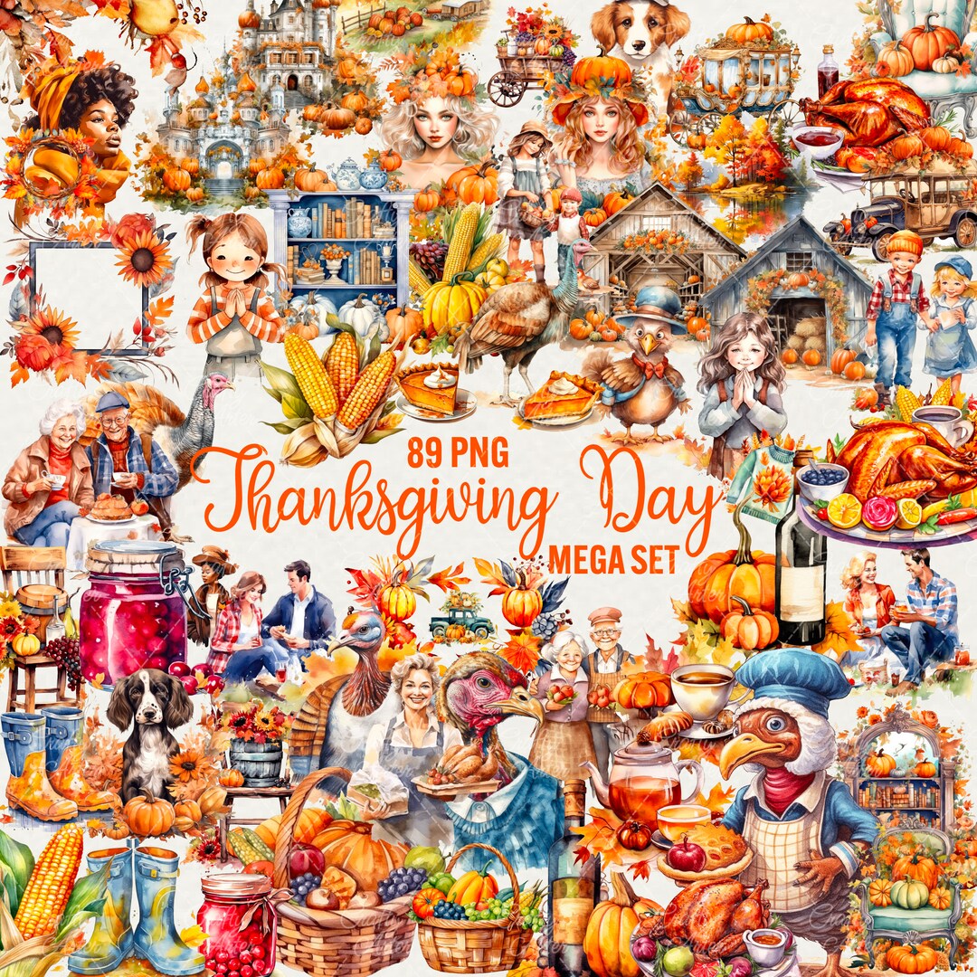 Thanksgiving Day Clipart Bundle, 89 PNG Watercolor Autumn Graphics ...