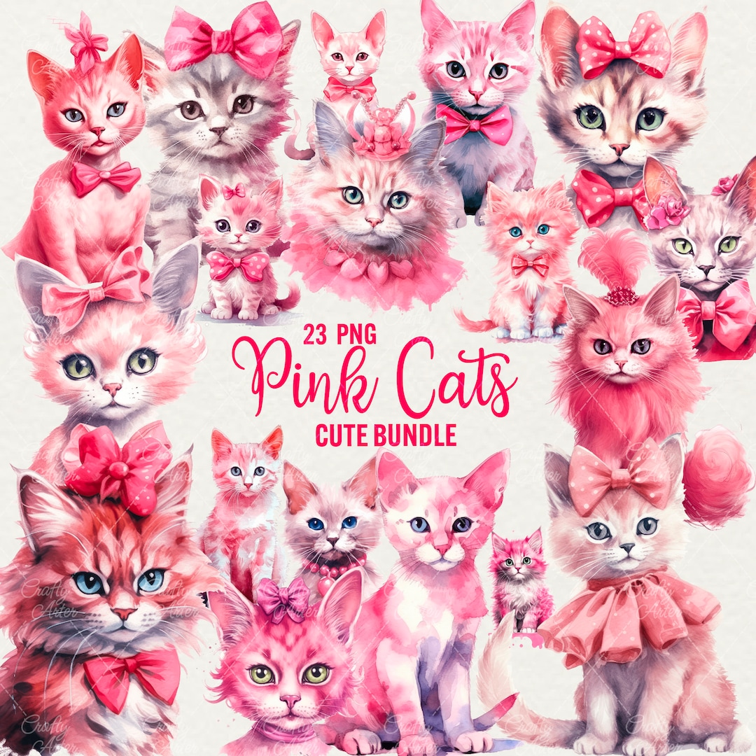 Watercolor Pink Cats Clipart, 23 PNG Pastel Pink Elegant Cat, Pink ...