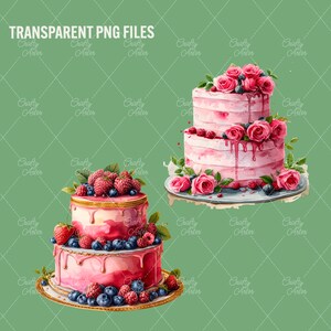 Watercolor Pink Cakes Clipart, 30 PNG Birthday Cake, Elegant Wedding ...