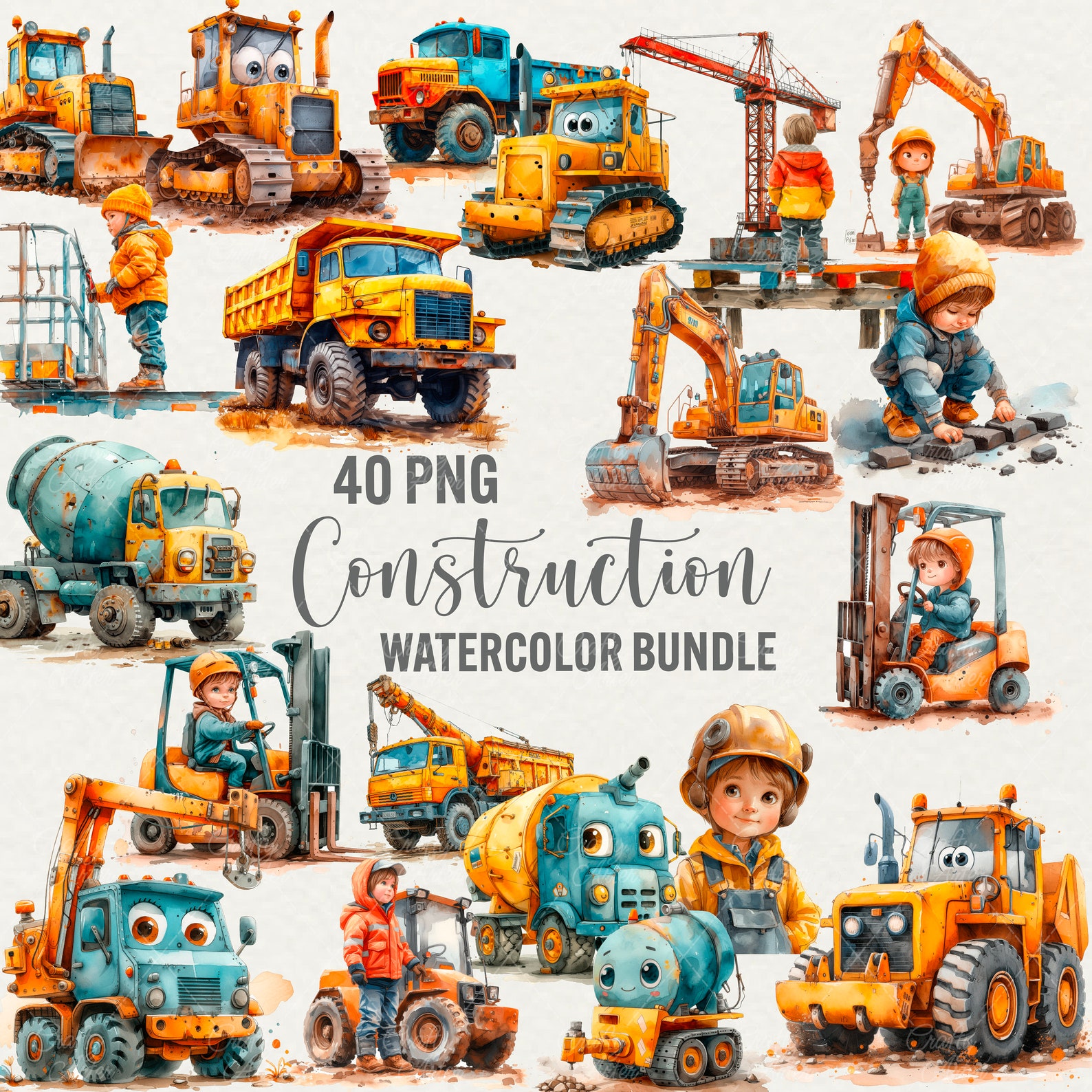 Watercolor Construction Clipart: 40 PNG Vehicle Graphics (commercial ...