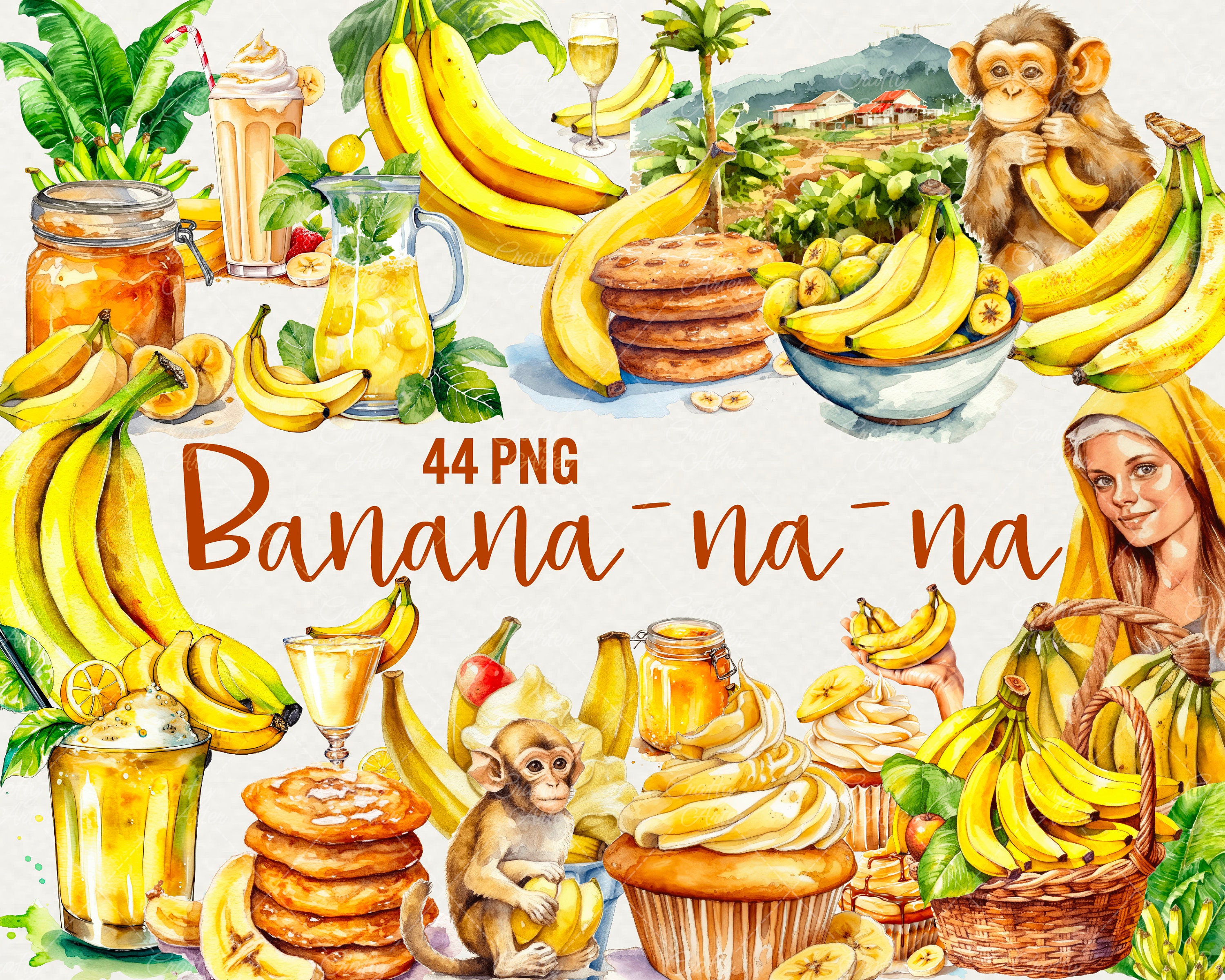 Watercolor Banana Clipart 44 PNG Big Set Digital Art Banana - Etsy