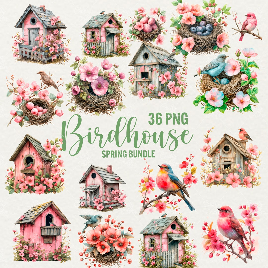 Birdhouse Spring Clipart, 36 PNG Watercolor Birdhouses, Birdie Graphics ...