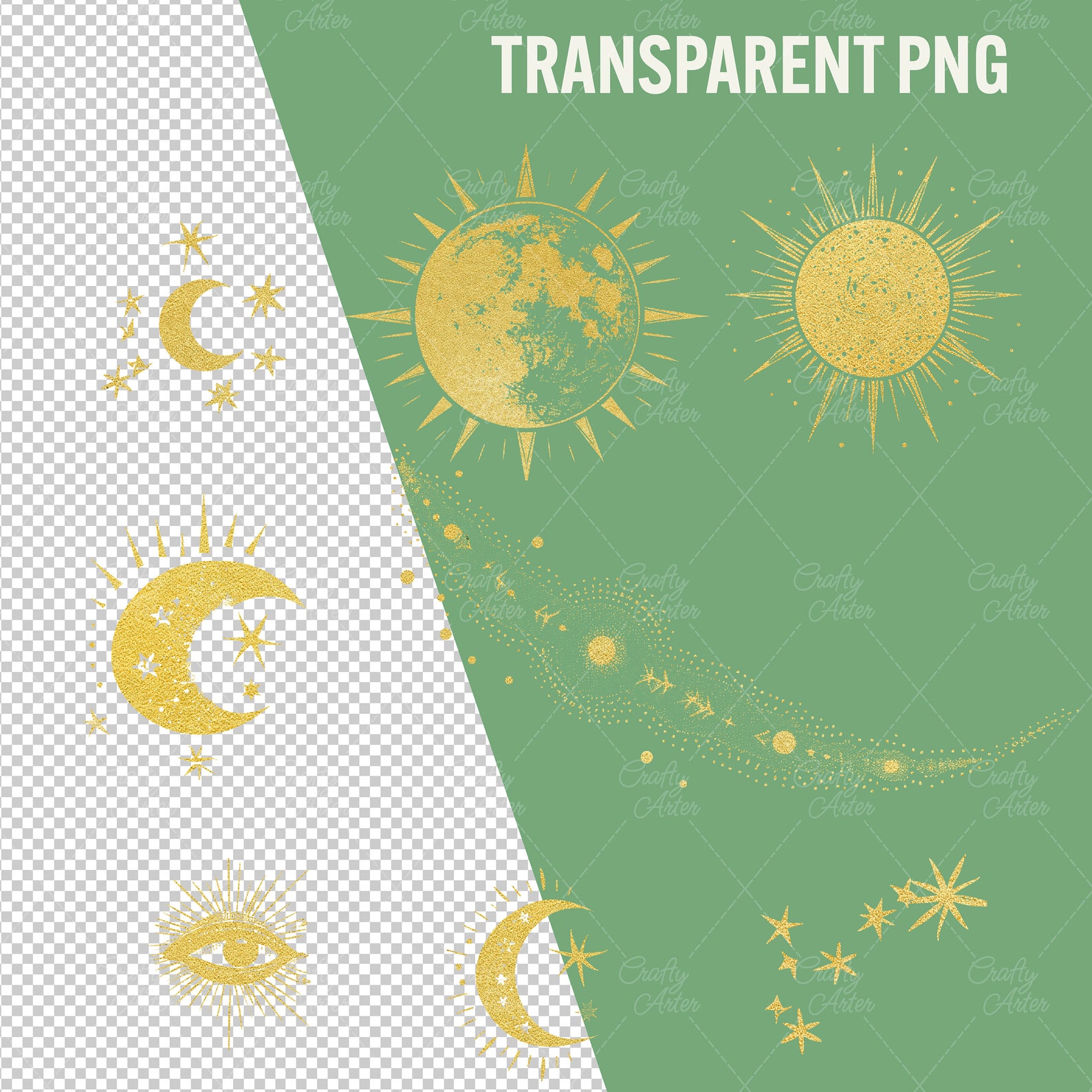 Gold Celestial Clipart: Moon, Sun, Stars - 66 PNG Elements (commercial ...
