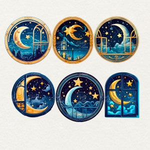 Celestial Windows Clipart Bundle, 20 PNG Cartoon Art Graphics, Moon ...