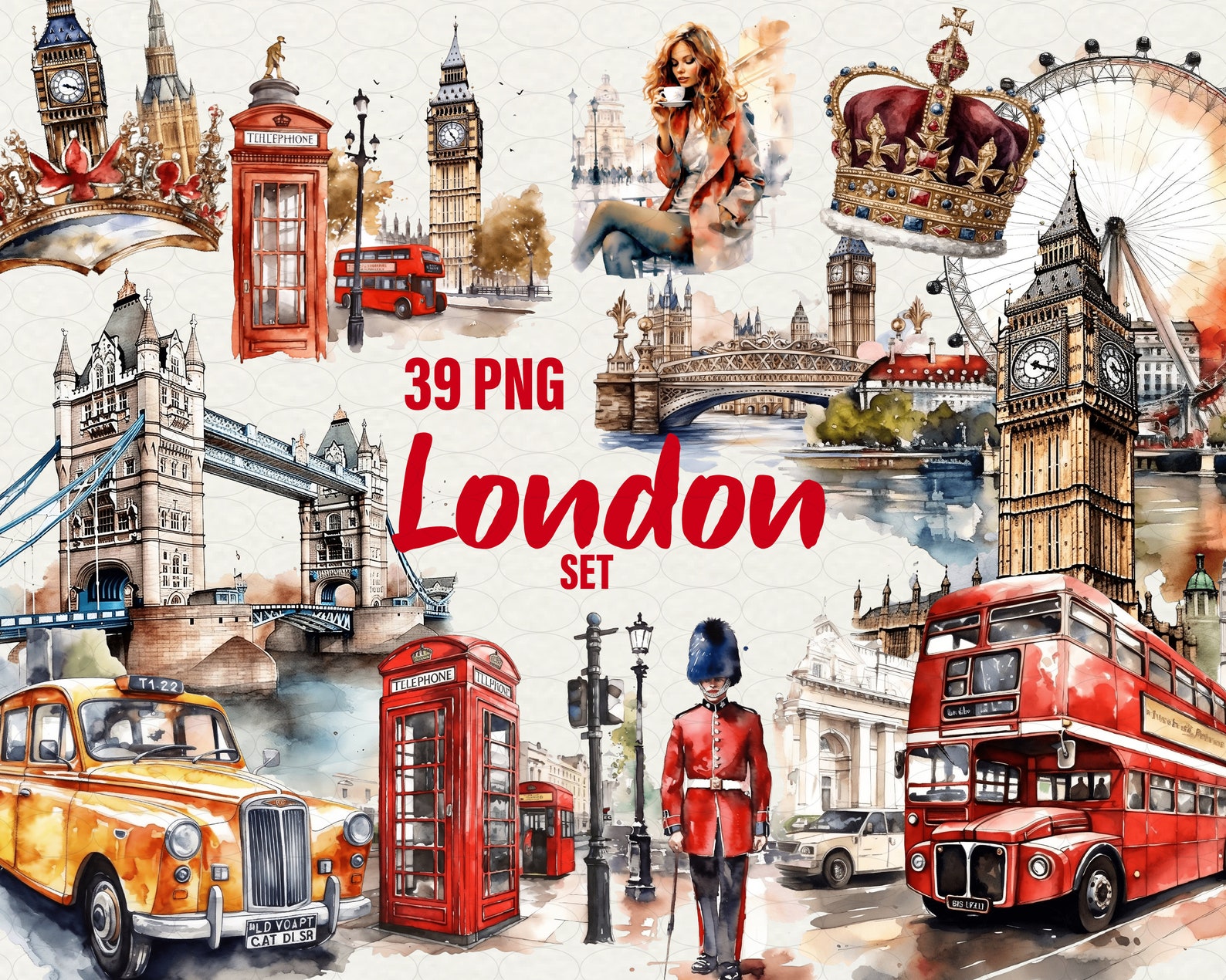 London Watercolor Clipart: City Landmarks, Bus, Taxi (39 PNG Files) - Etsy