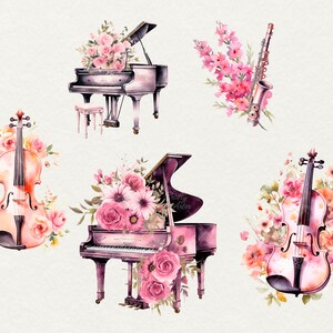 Watercolor Musical Instruments Clipart, Floral Music Clip Art, Pink ...