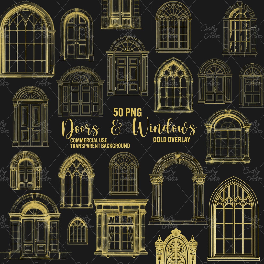 Doors and Windows Overlays Clipart, 50 Png Files Gold Architecture Line ...