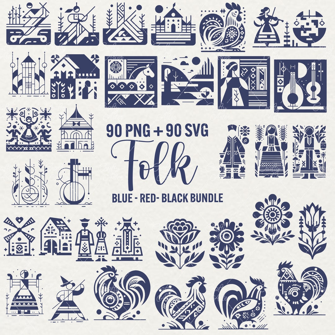 Folk Art Clipart Bundle: Traditional Black, Red, Blue SVG PNG ...