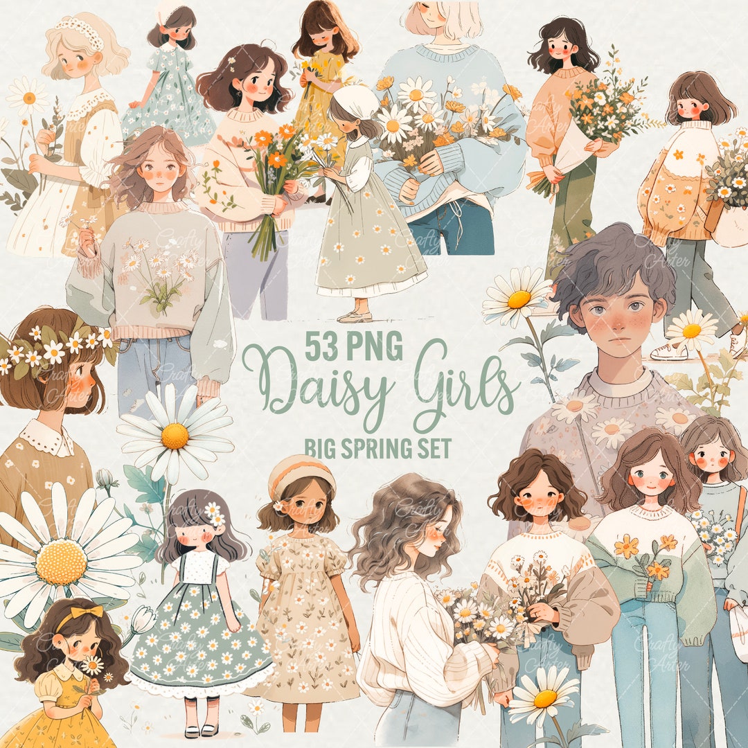 Spring Daisy Girls Clipart, 53 PNG Daisy Flowers Girls, Cute Spring ...