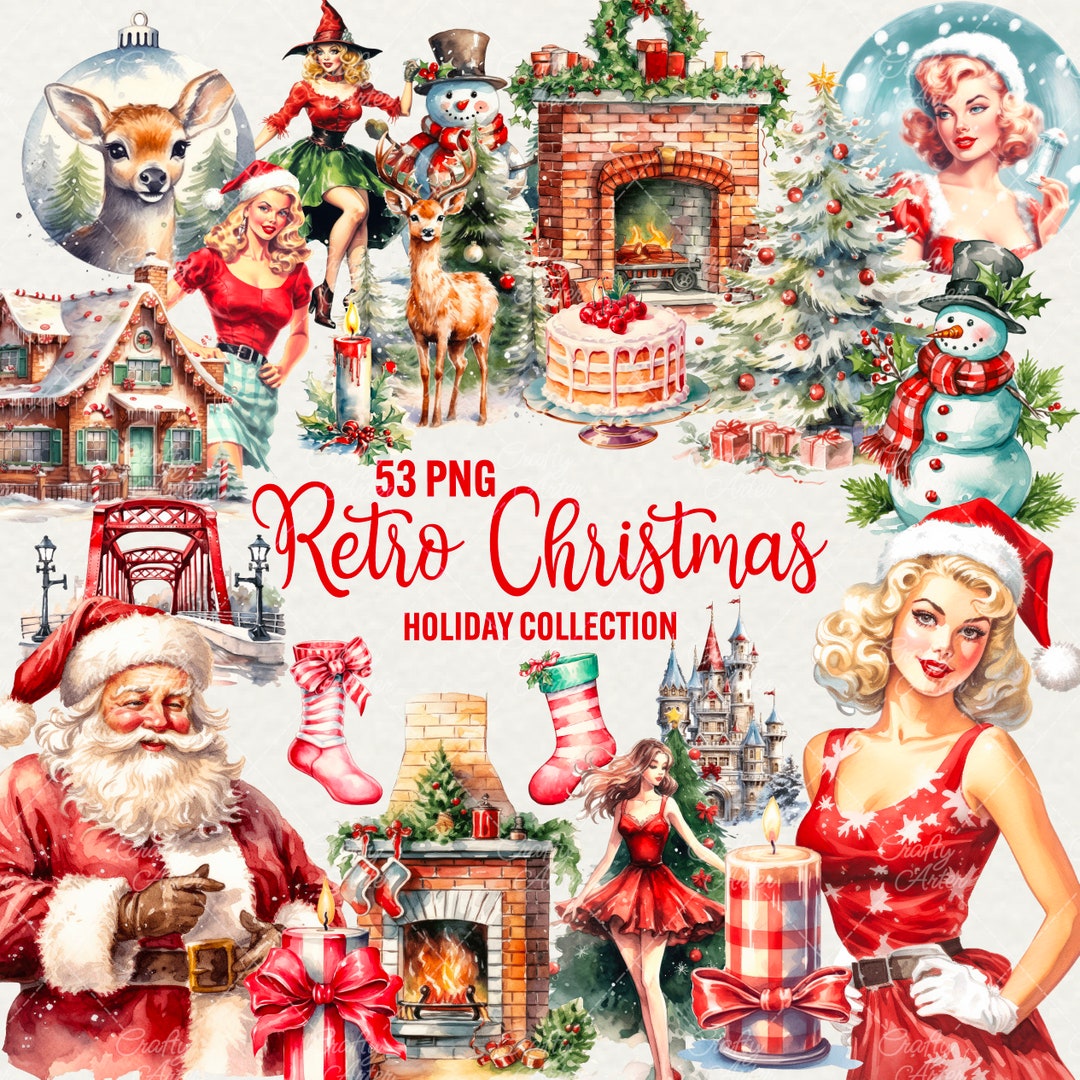 Watercolor Retro Christmas Clipart: 53 PNG Set, Vintage Santa ...