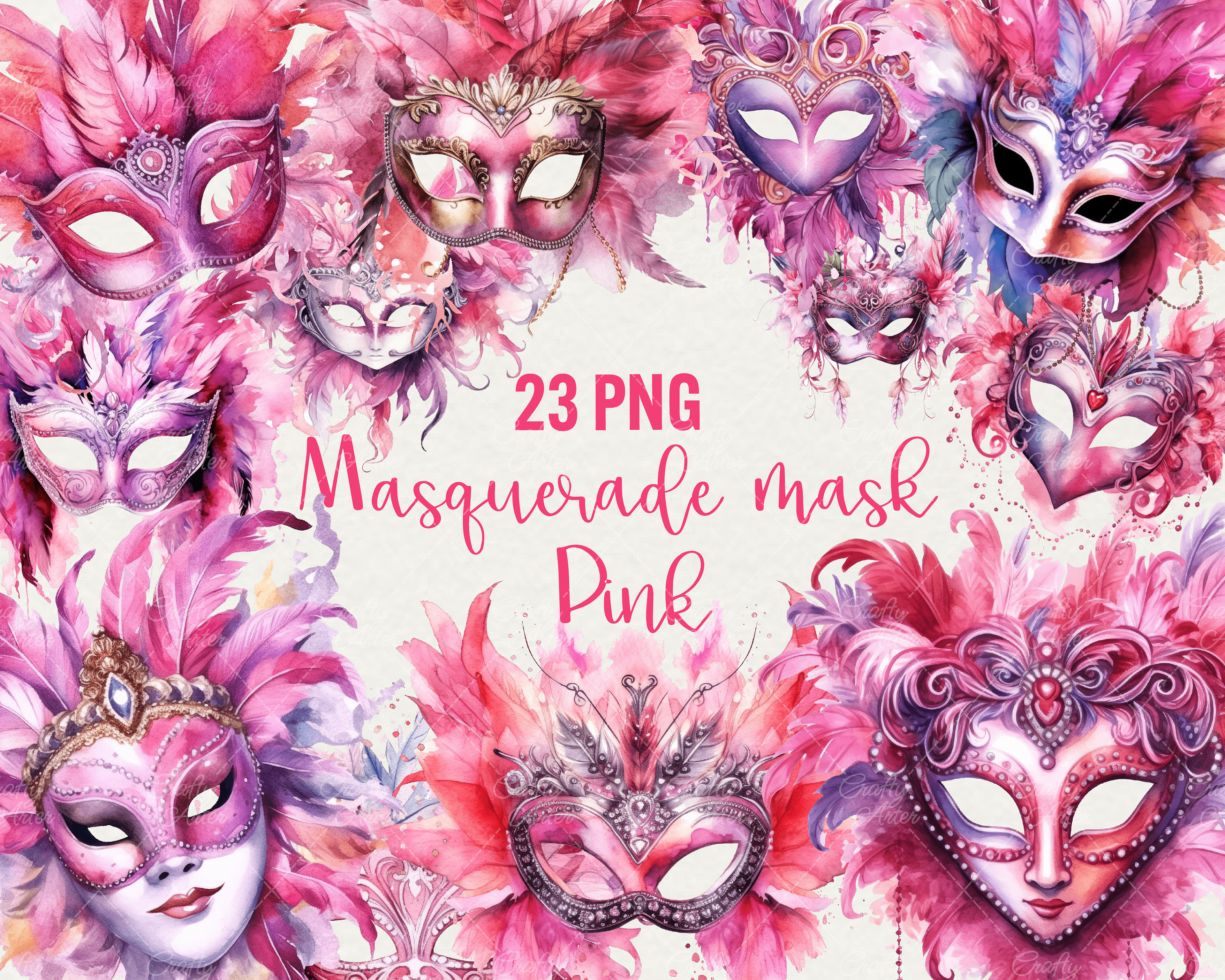 Watercolor Pink Masquerade Mask Clipart: 23 PNG Graphics (commercial ...