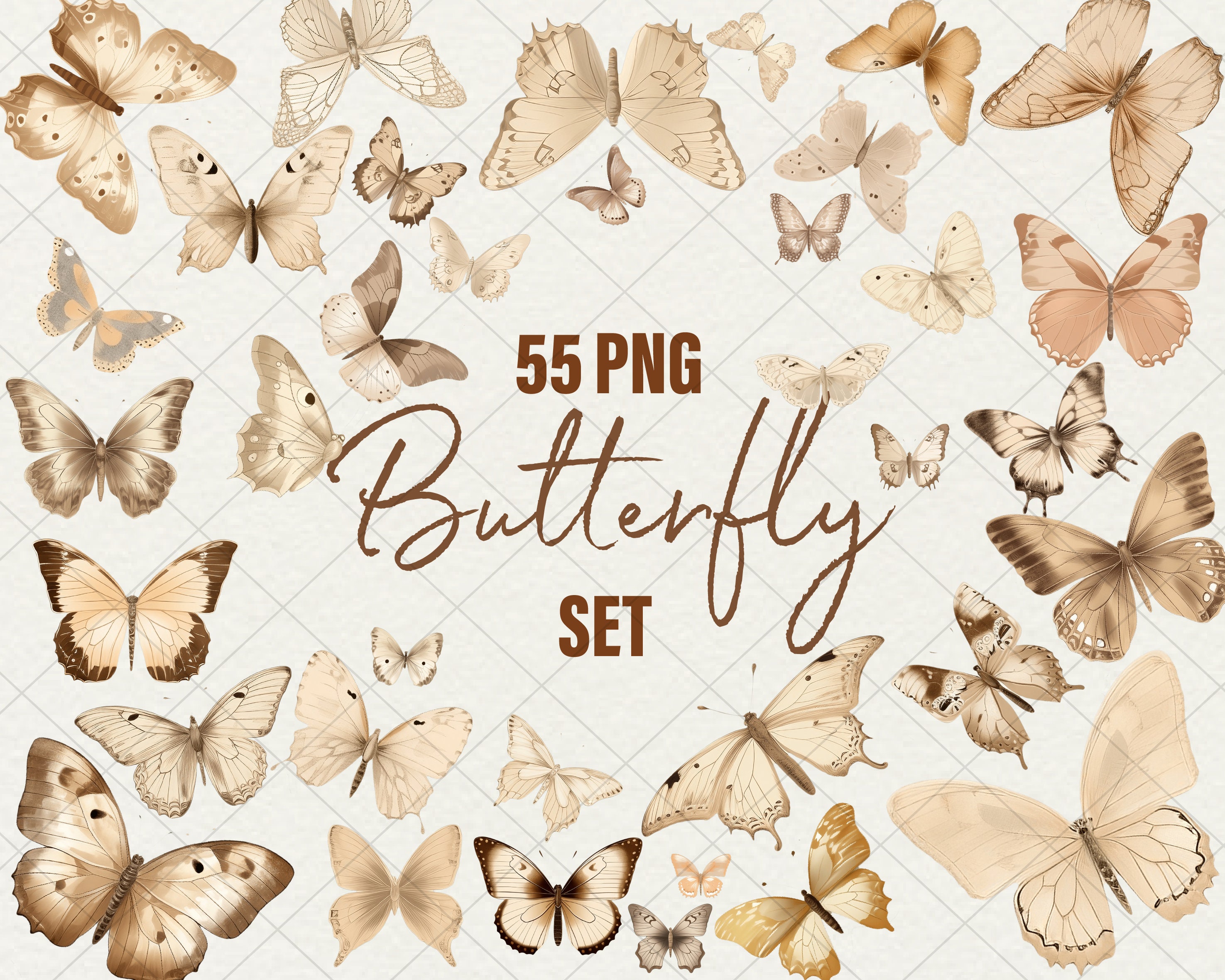 Watercolor Boho Butterfly Clipart: Cream & Beige PNG Stickers ...