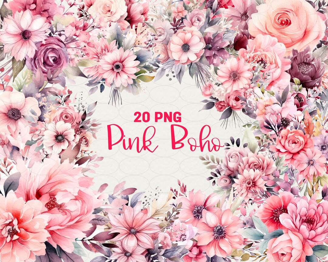 Watercolor Pink Boho Flowers Clipart, 20 PNG Watercolor Boho Pink ...