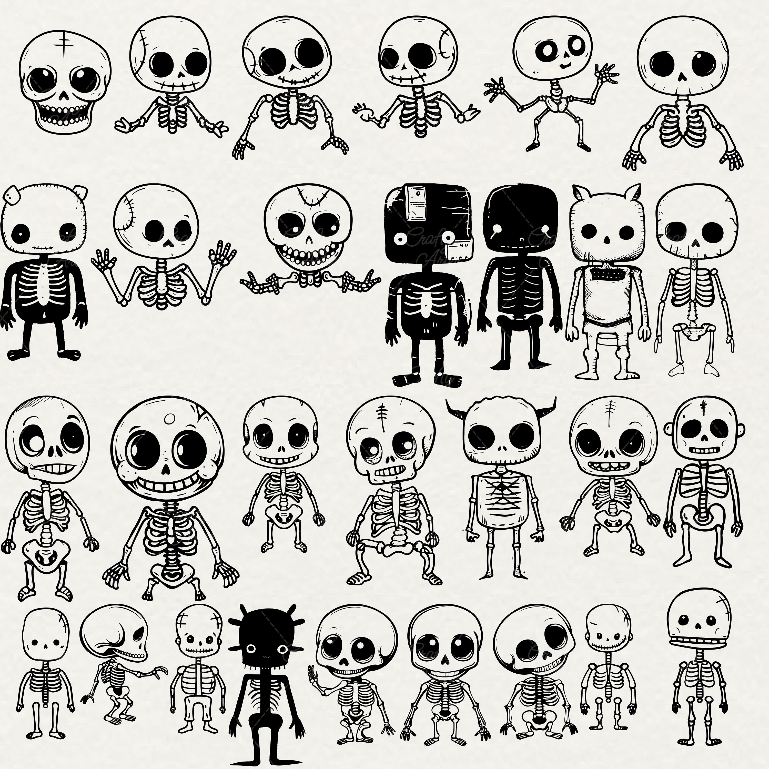 Cute Skeleton SVG Clipart Bundle, Halloween Skull Designs (PNG + SVG ...