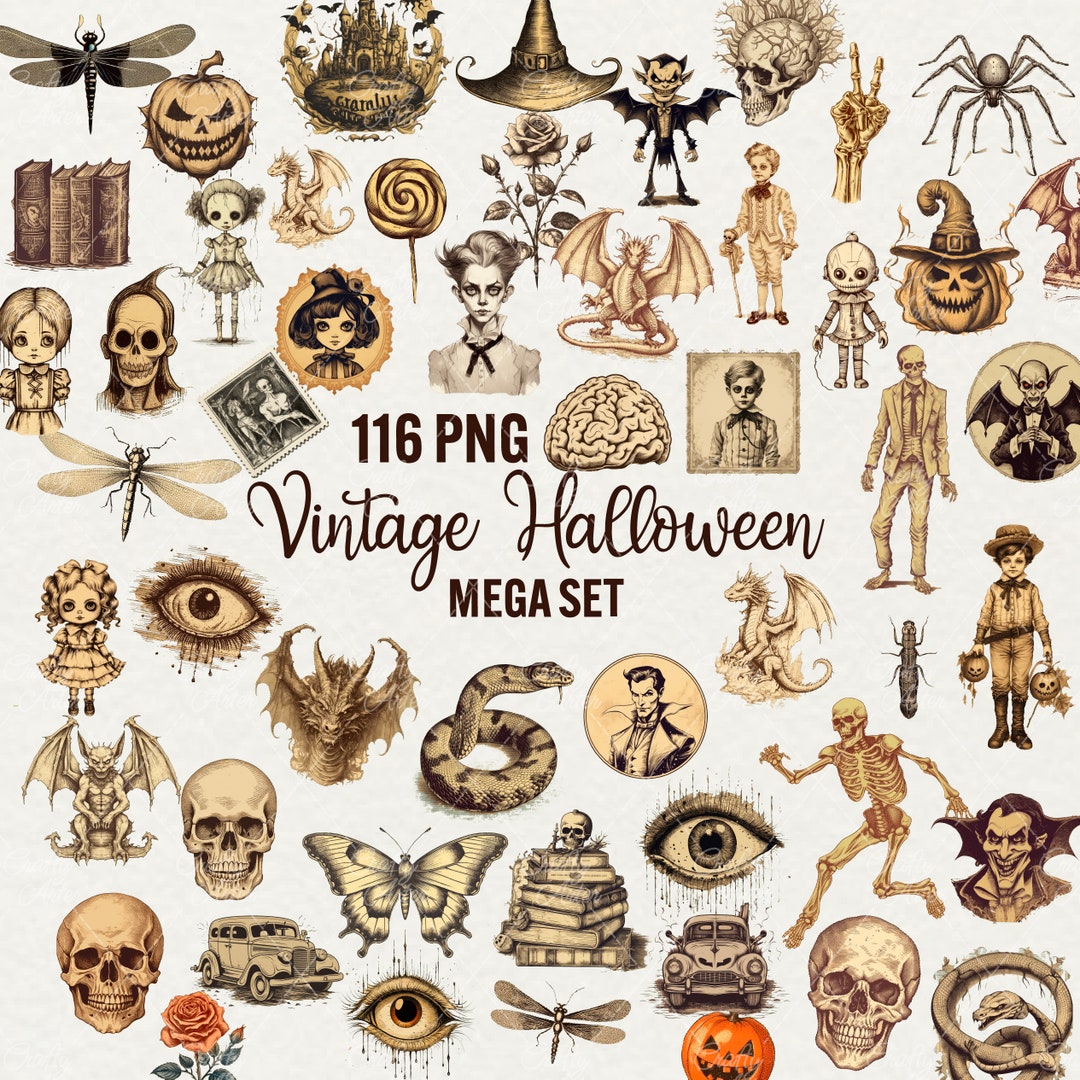 Vintage Halloween Clipart, Old Halloween Illustration 116 PNG Set, Old ...