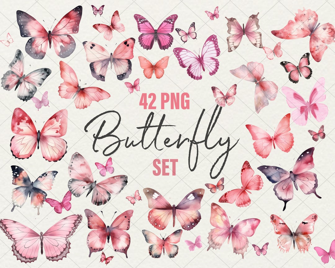 42 Pink Butterfly Clipart PNG Watercolor Butterfly Stickers Rose ...