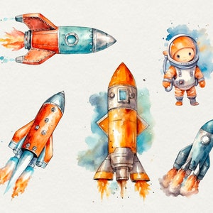 Watercolor Space Clipart, 29 PNG Rocket Watercolor Clipart, Planets ...