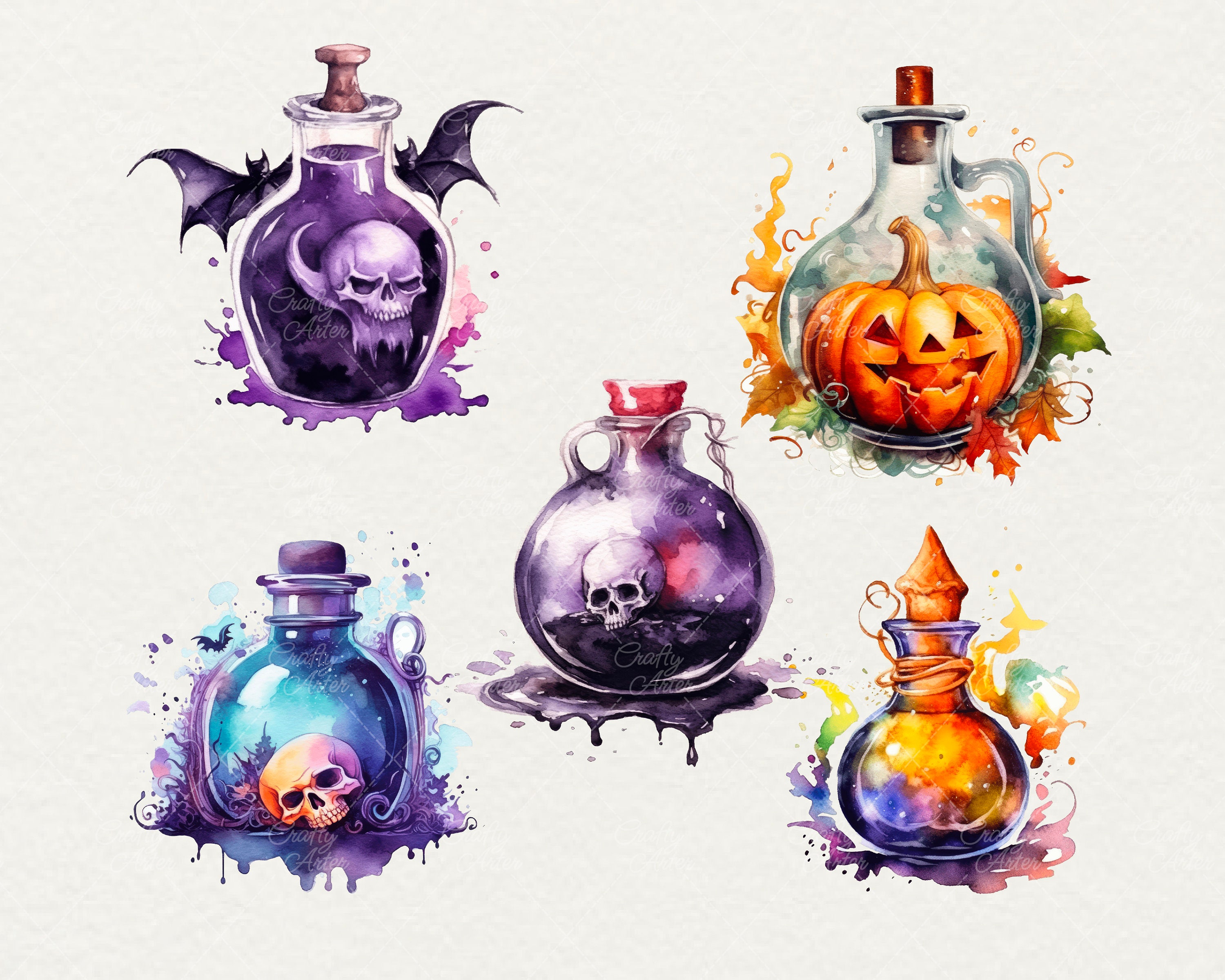 Watercolor Halloween Potion Clipart: 26 PNG Wizard Graphics (commercial ...