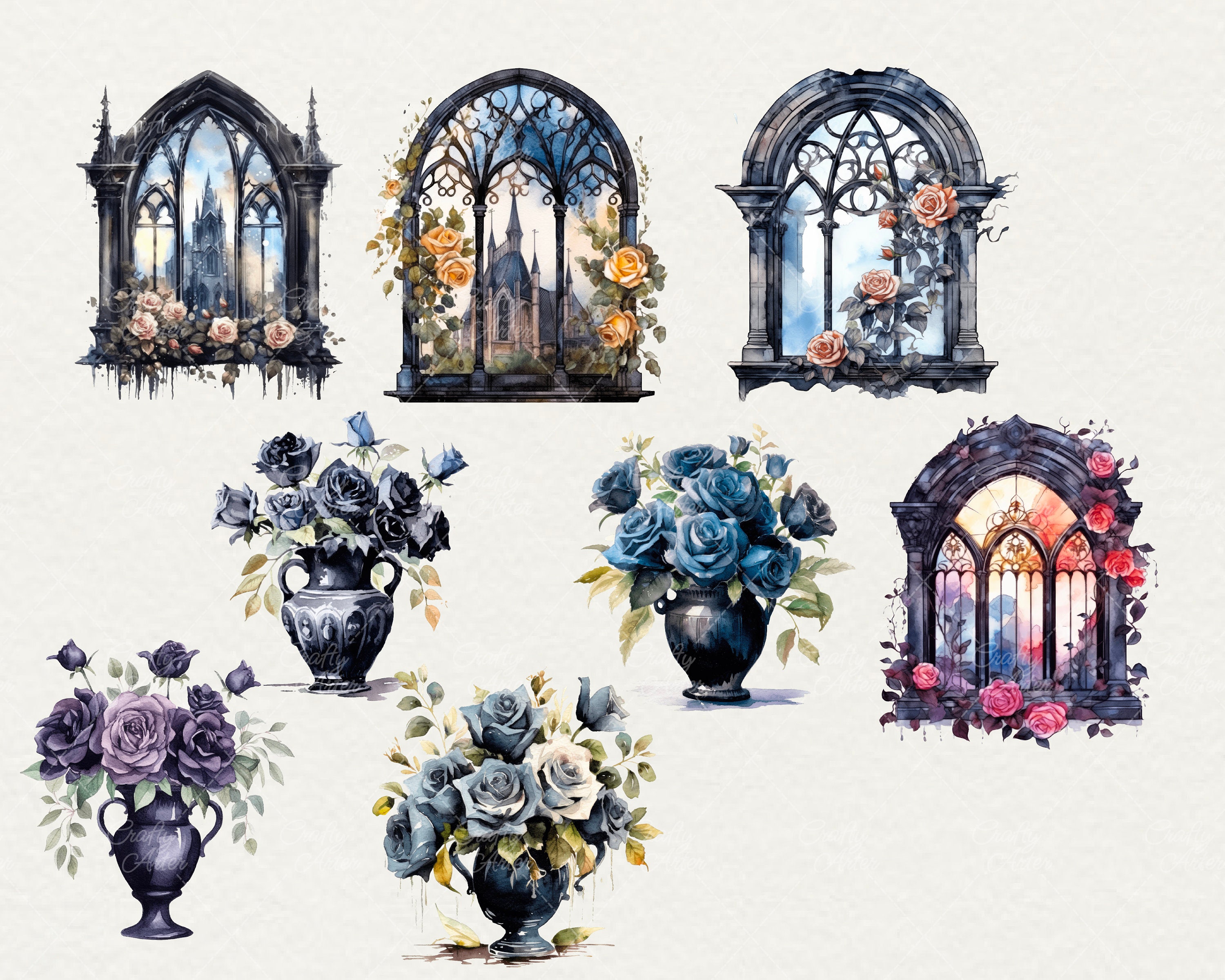 Watercolor Gothic Roses Clipart Dark Garden Fantasy - Etsy
