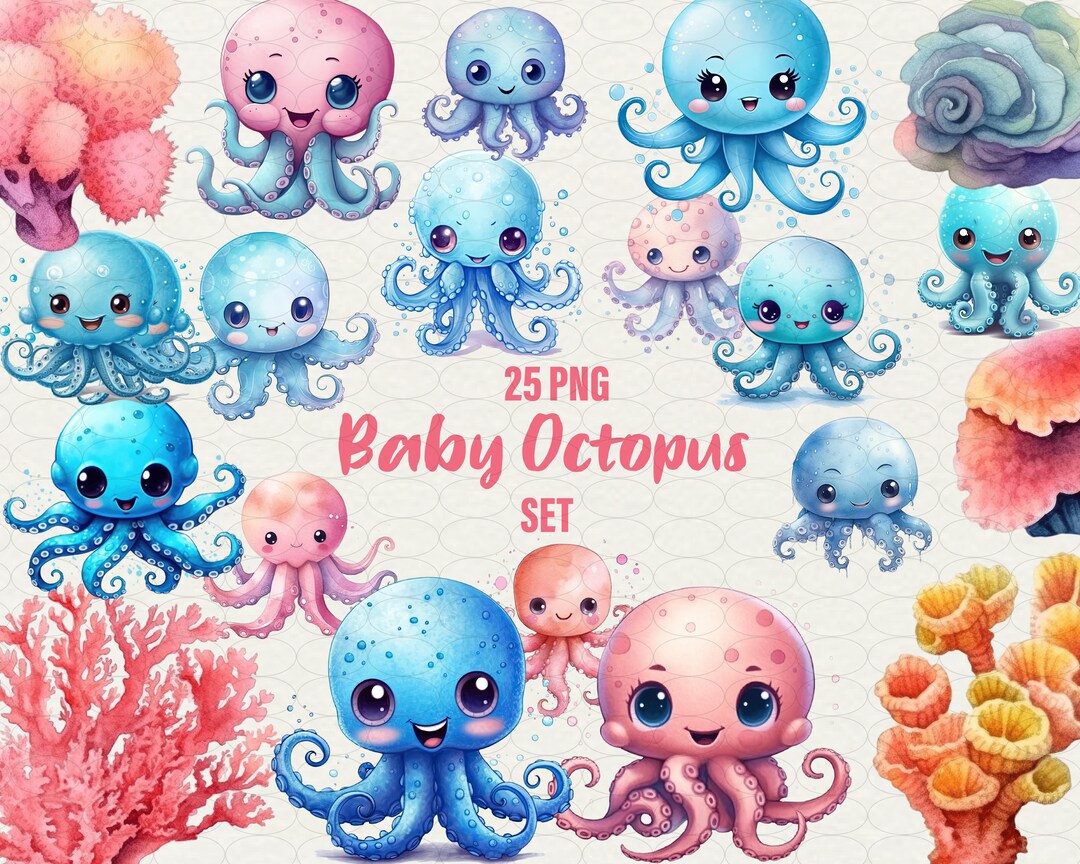 Watercolor Baby Octopus Clipart: 25 PNG Nursery Graphics (commercial ...