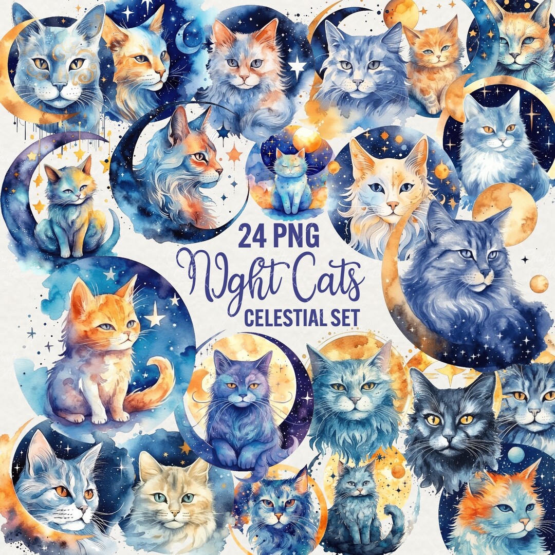 Watercolor Night Cats Clipart, 24 PNG Celestial Cats Clip Art, Moon ...