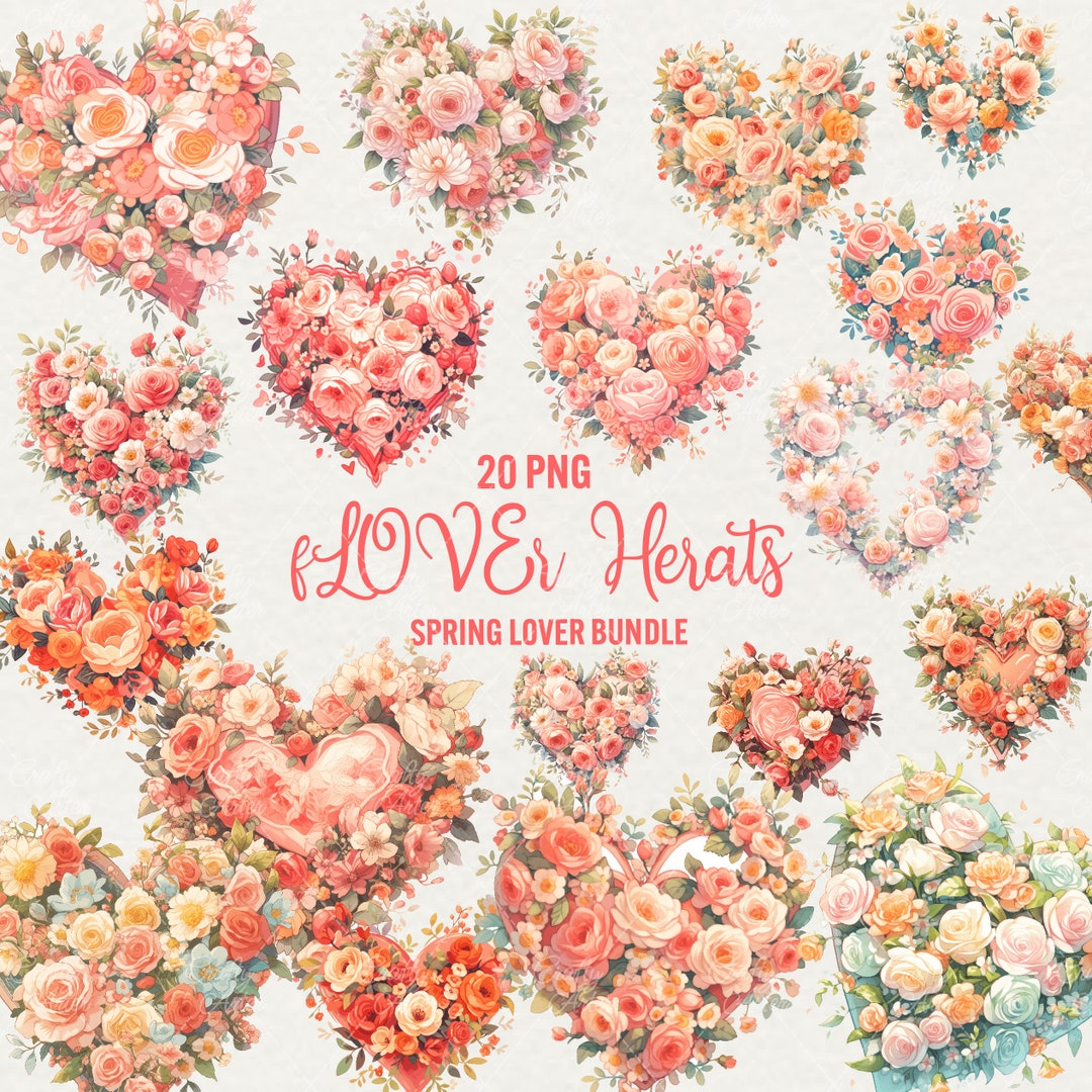 Watercolor Flower Heart Clipart Bundle, 20 Png Art Valentine Day Hearts ...