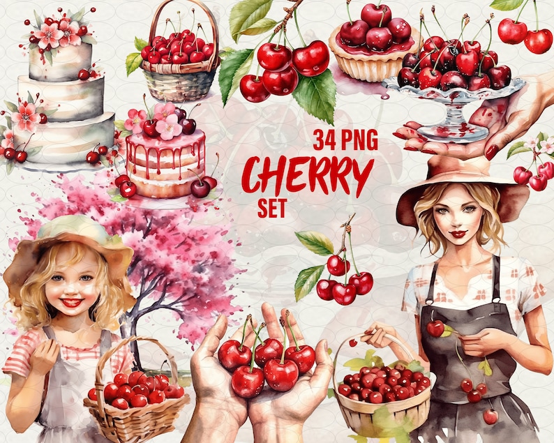 Cherry Clipart Bundle 34 PNG Red Watercolor Cherries Clipart - Etsy