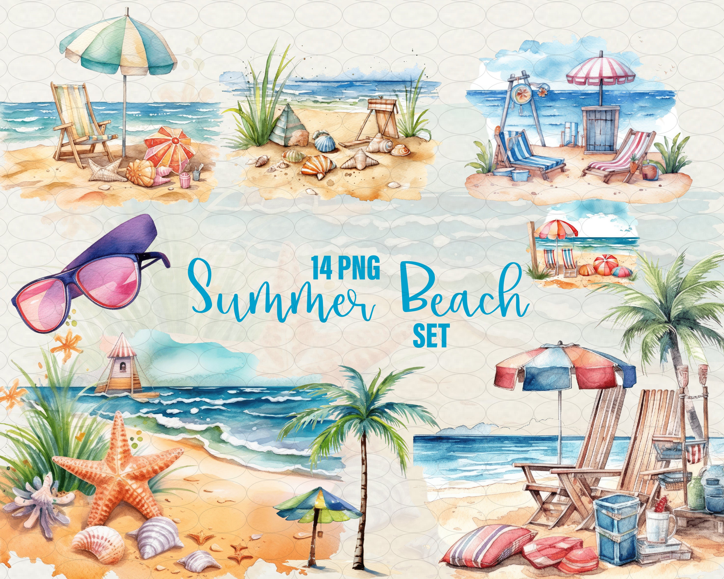 Sunset Beach Watercolor Clipart: Summer Ocean PNG Set (14 Files) - Etsy