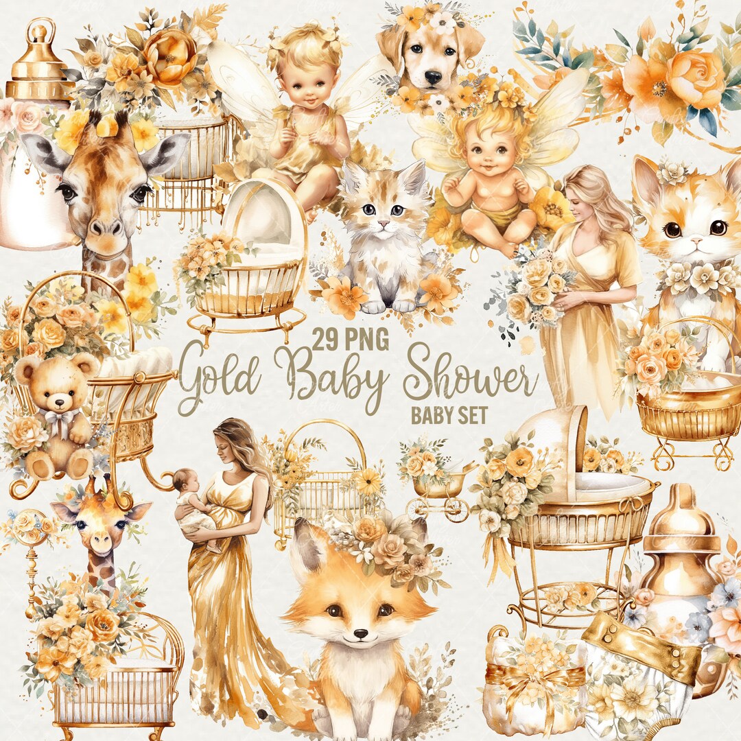 Watercolor Gold Baby Shower Clipart, 29 PNG Luxury Watercolor Clipart ...