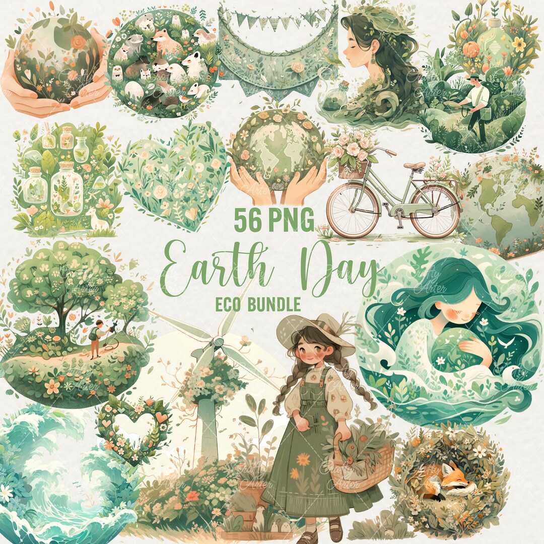 Watercolor Earth Day Clipart, 57 PNG ECO Clipart, Earth Day Green ...