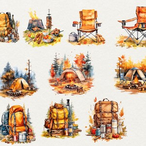 Watercolor Autumn Camping Clipart, Outdoor Camp, Bonfire, Backpack ...