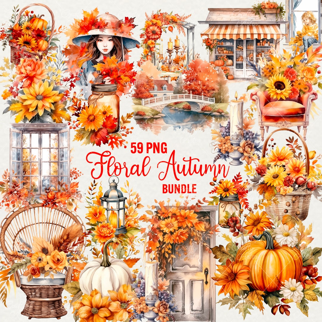 Watercolor Autumn Clipart, 59 PNG Floral Autumn Illustration, Autumn ...