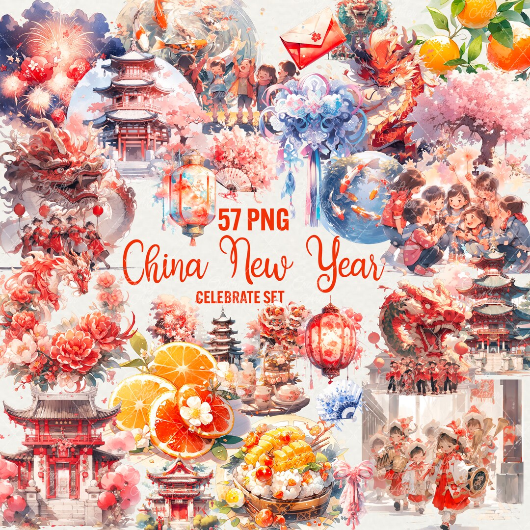 Chinese New Year Clipart, 57 Png Traditional China Watercolor Graphics ...