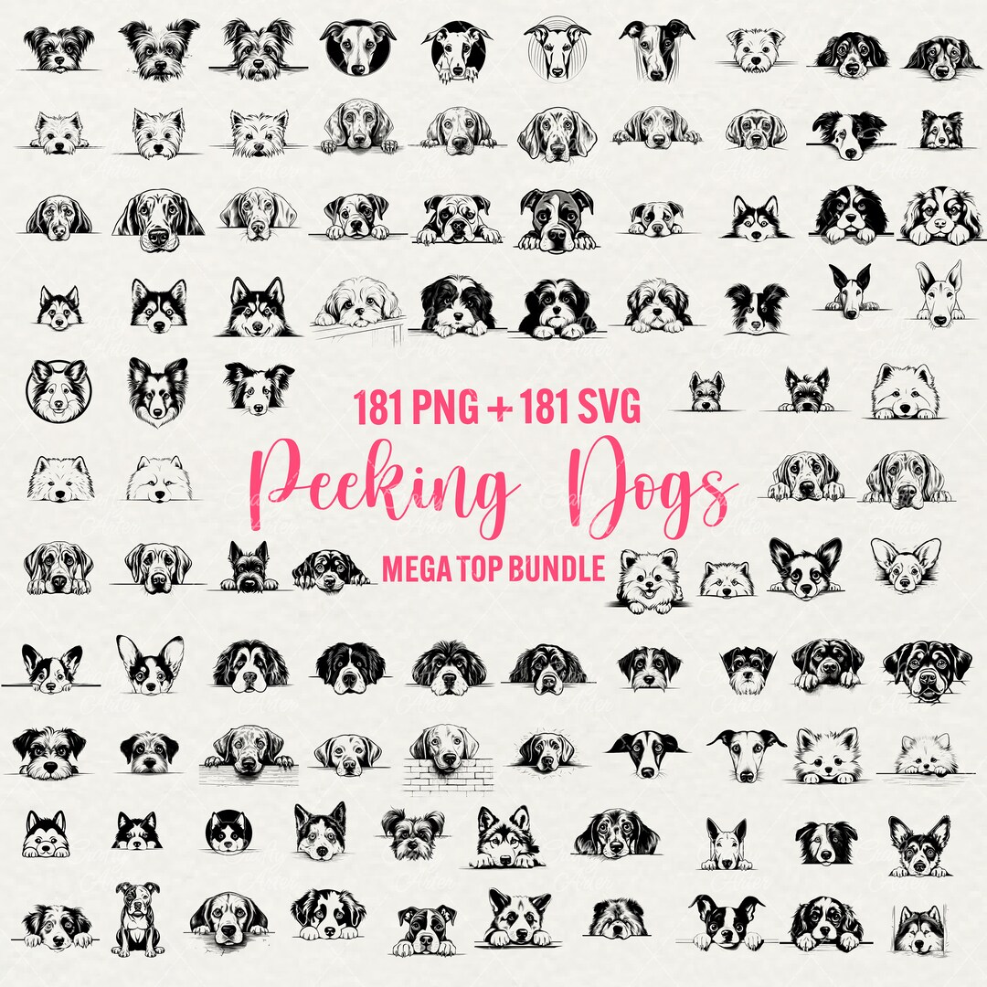 Peeking Dogs Clipart Bundle, 181 Dog Breeds PNG & SVG Files, Peeking ...