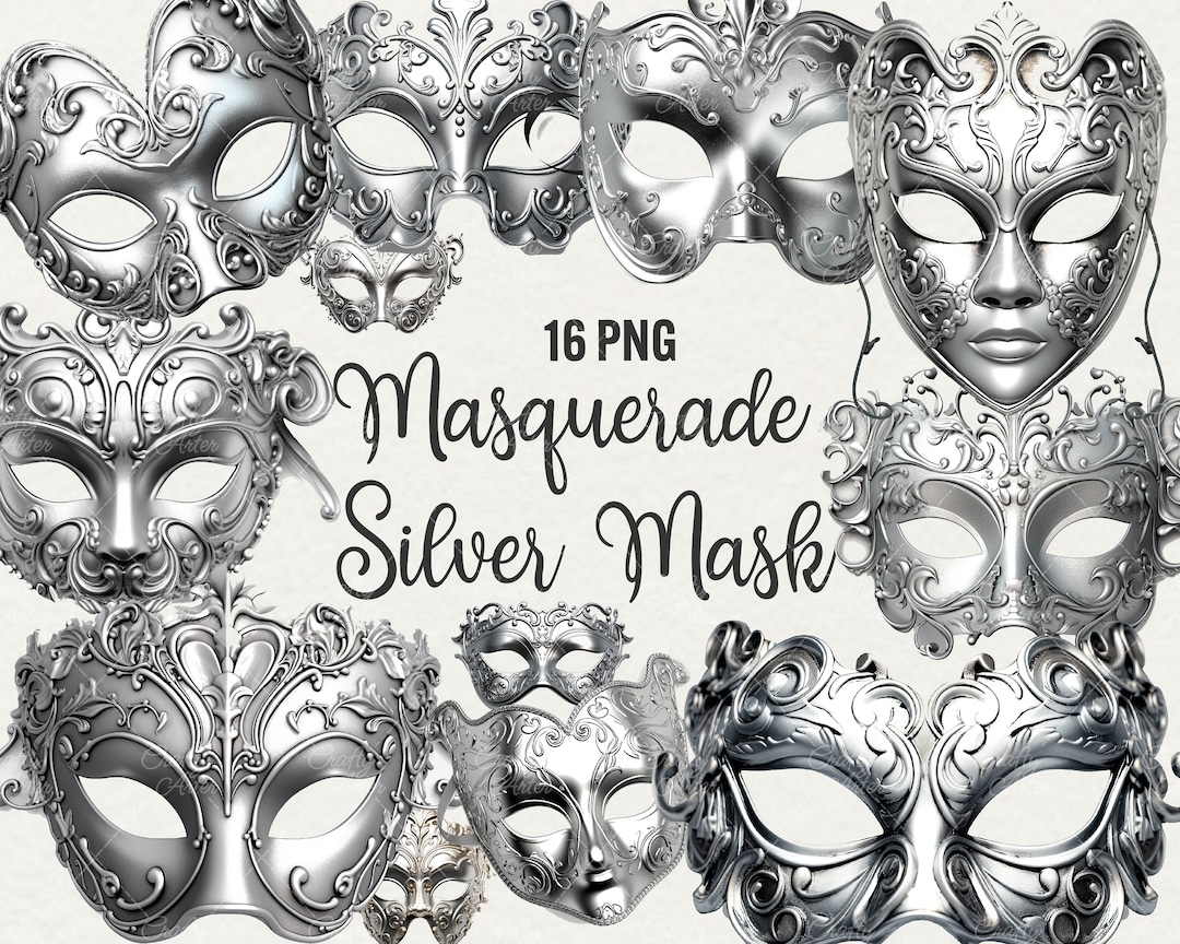 Watercolor Silver Masquerade Clipart, 16 Png Digital Art Carnival Masks ...
