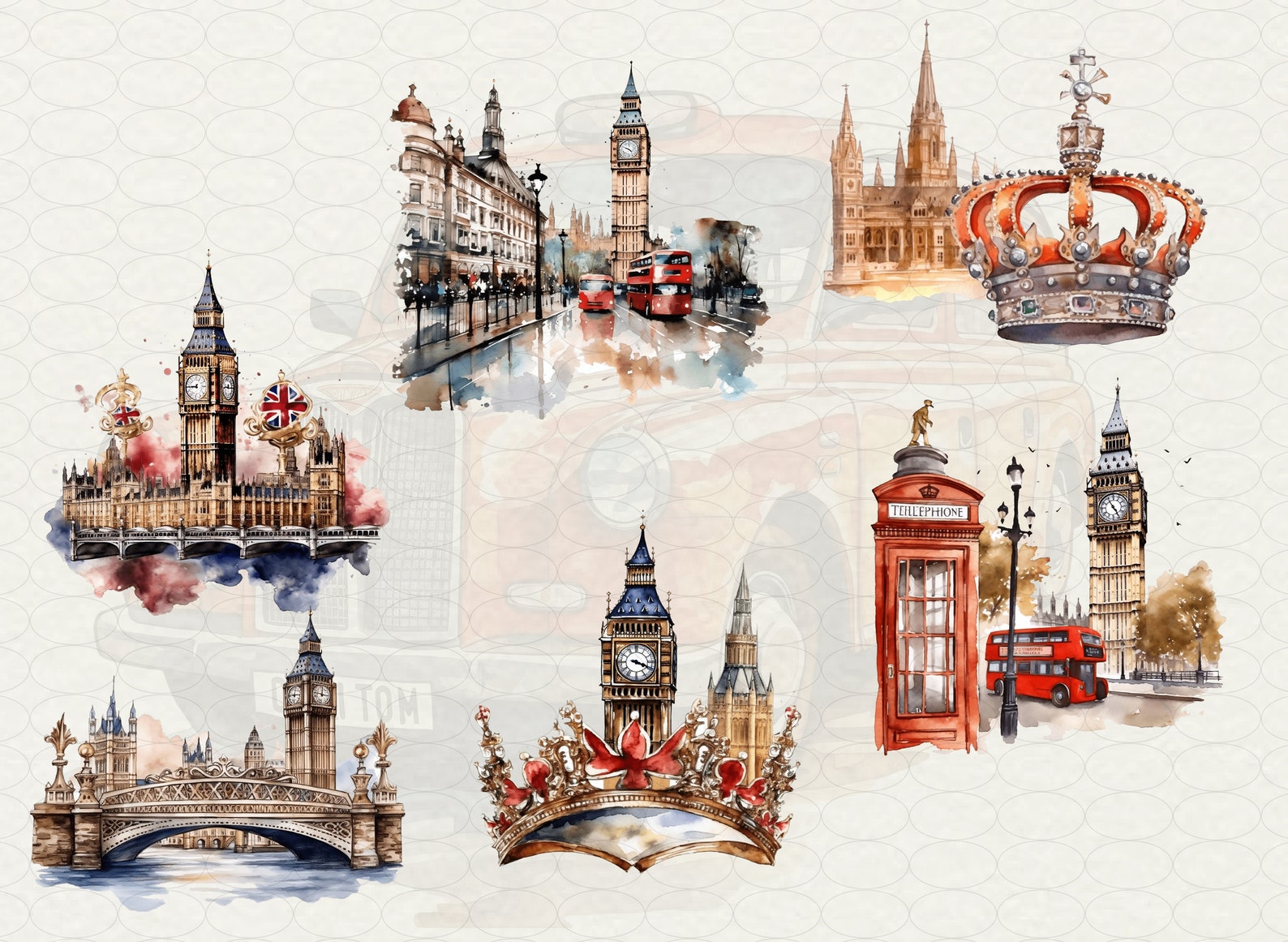 London Watercolor Clipart: City Landmarks, Bus, Taxi (39 PNG Files) - Etsy