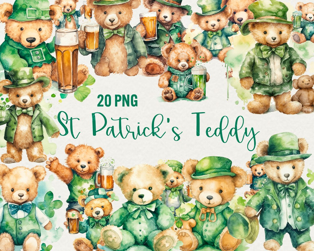 Watercolor St Patricks Teddy Bear Clipart, 20 PNG St Patrick's Day ...