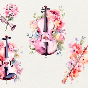 Watercolor Musical Instruments Clipart, Floral Music Clip Art, Pink ...