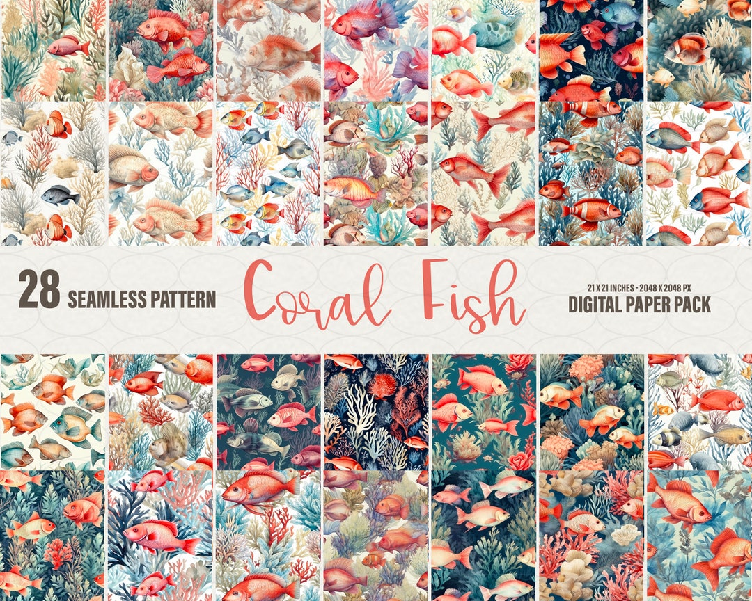 Coral Fish Seamless Pattern: 28 Ocean Digital Papers (commercial Use ...