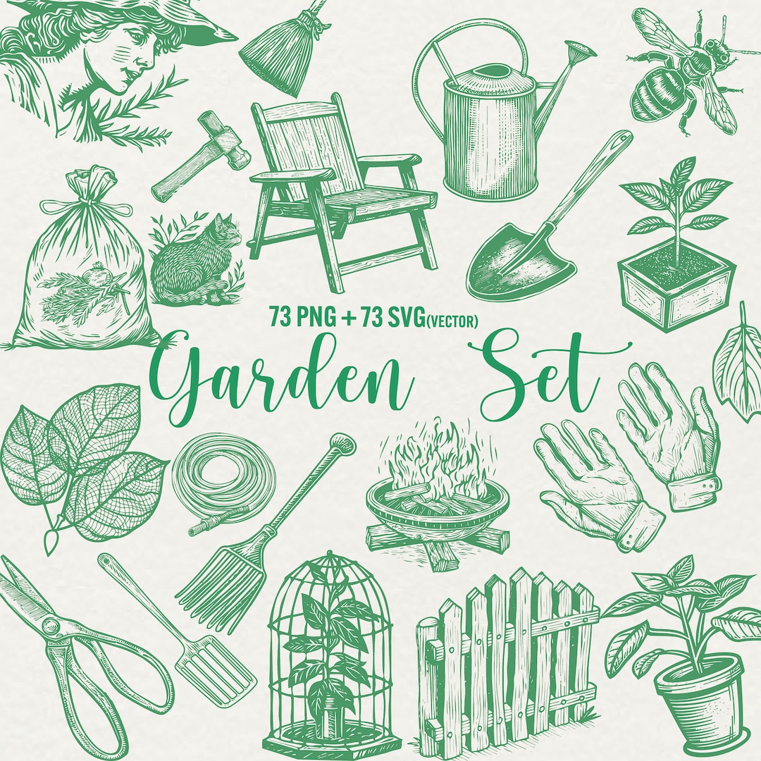 Vintage Garden Clipart Set: Tools, Plants, Scenes (73 PNG + 73 SVG ...